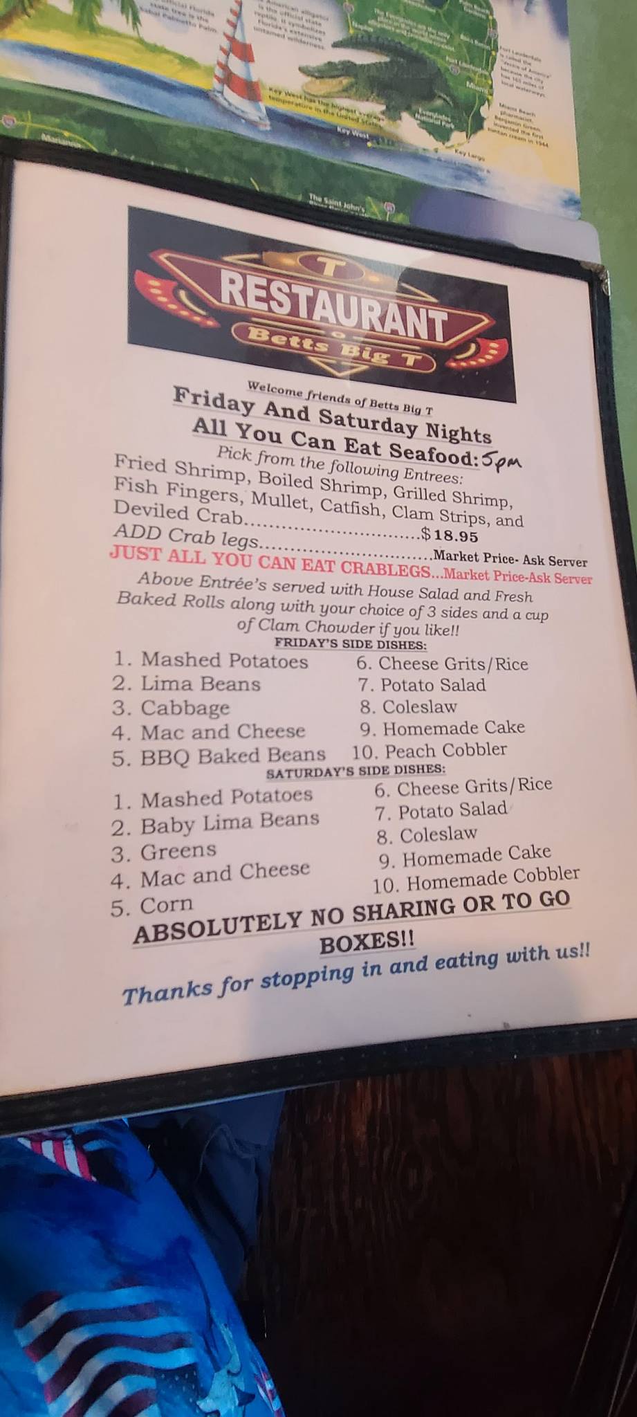 Menu at Bett's Big T Restaurant, Chiefland