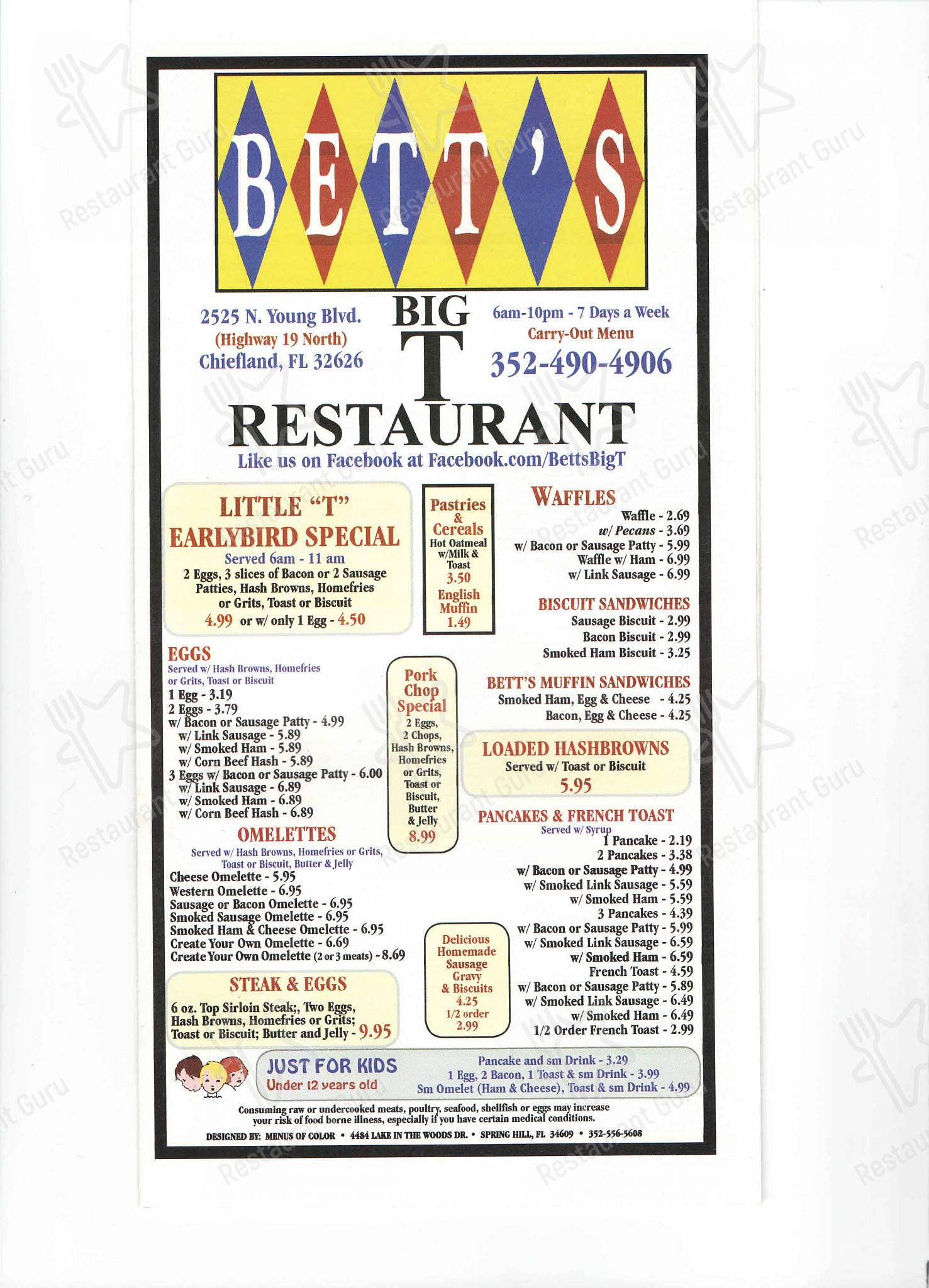 Menu at Bett's Big T Restaurant, Chiefland