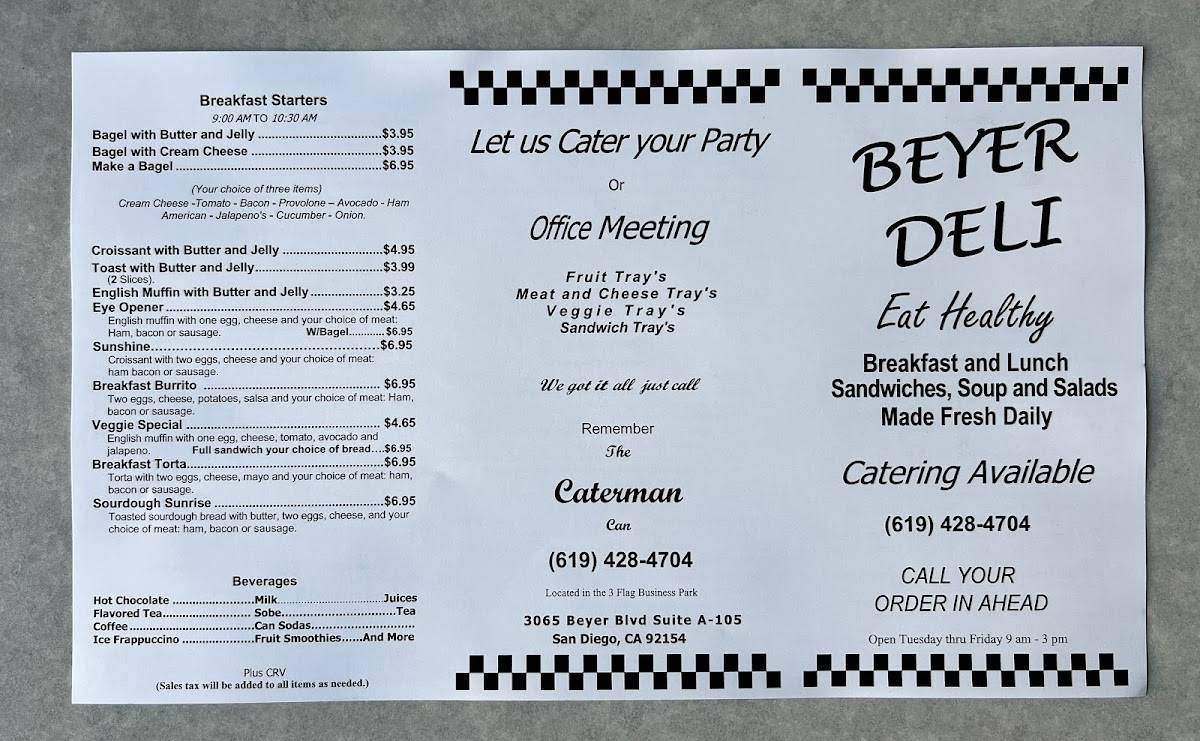 Menu at Beyer Deli restaurant, San Diego