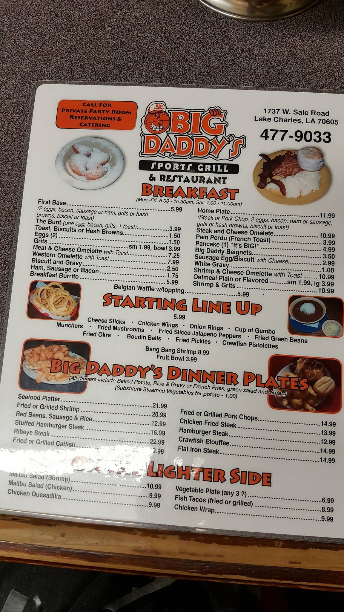 Menu at Big Daddy's Sports Grill restaurant, Lake Charles