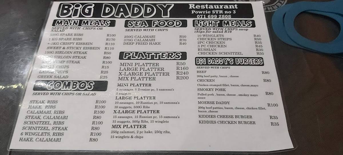 Menu at Big Daddy's Restaurant Mosselbay, Mossel Bay