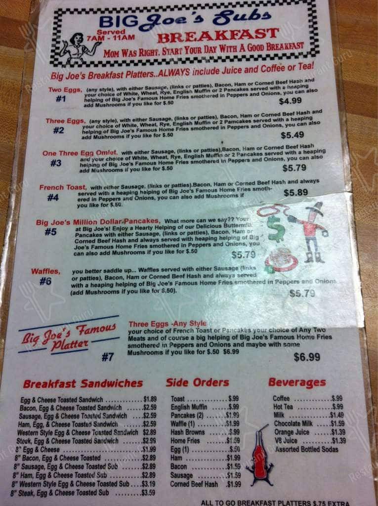 Menu at Big Joe's Subs restaurant, New Smyrna Beach