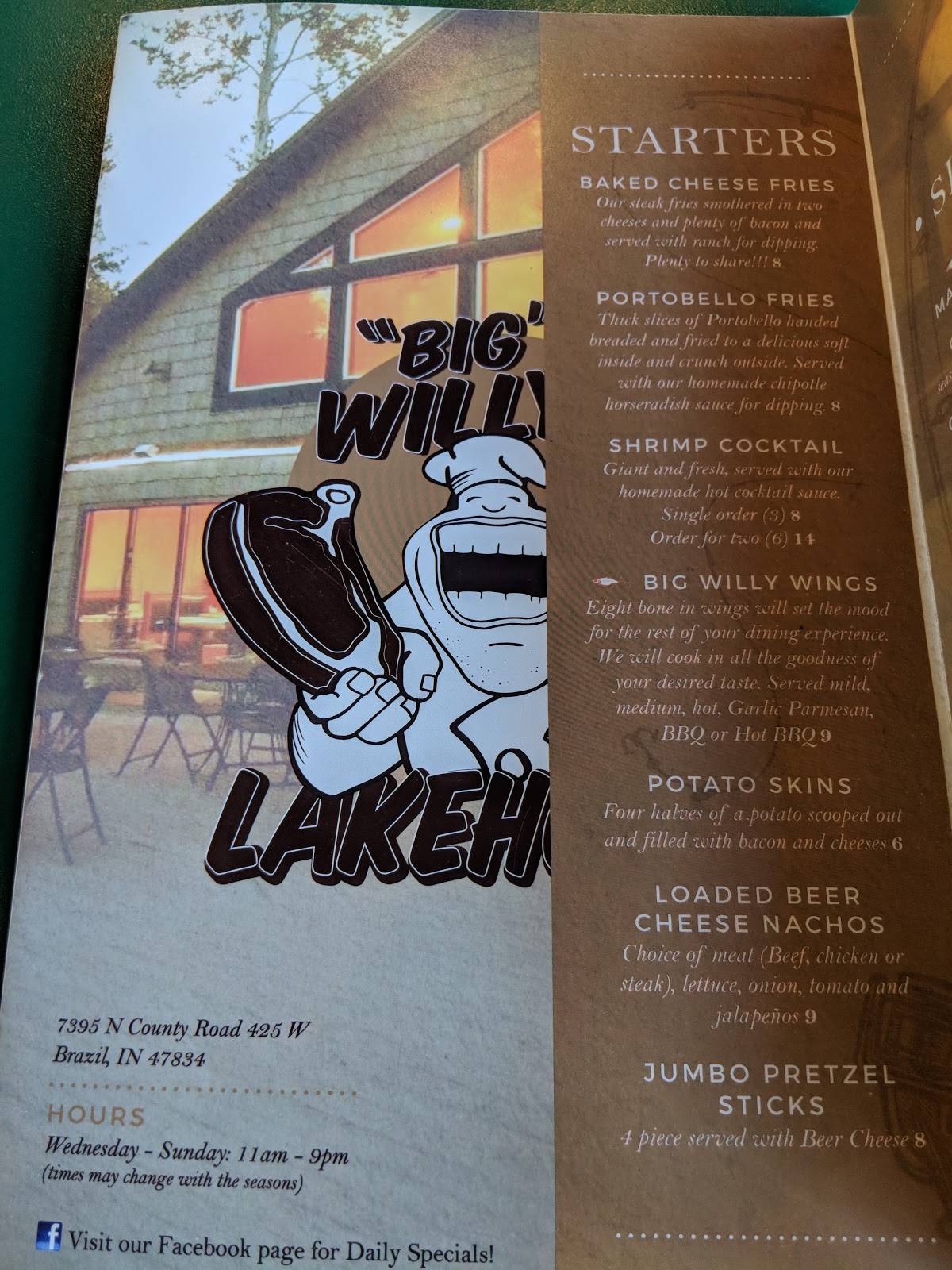Menu at Big Willys Lakehouse steakhouse, Staunton