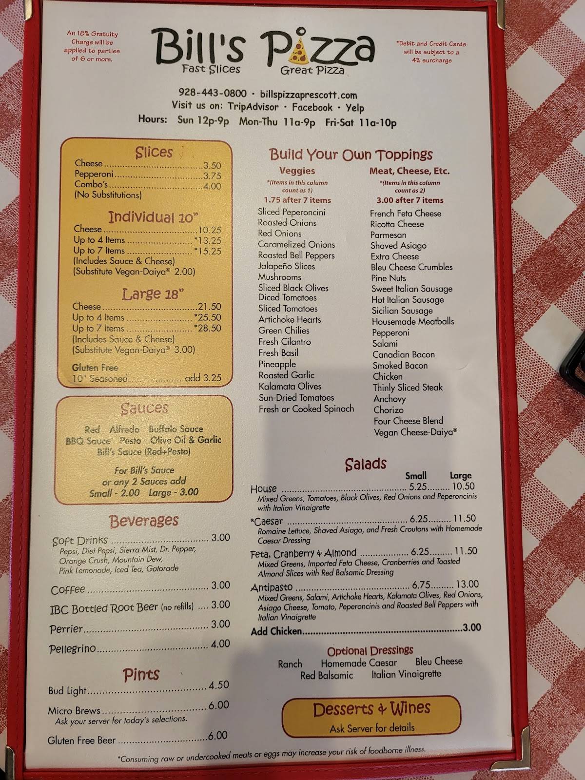 Menu at Bill's Pizza pizzeria, Prescott