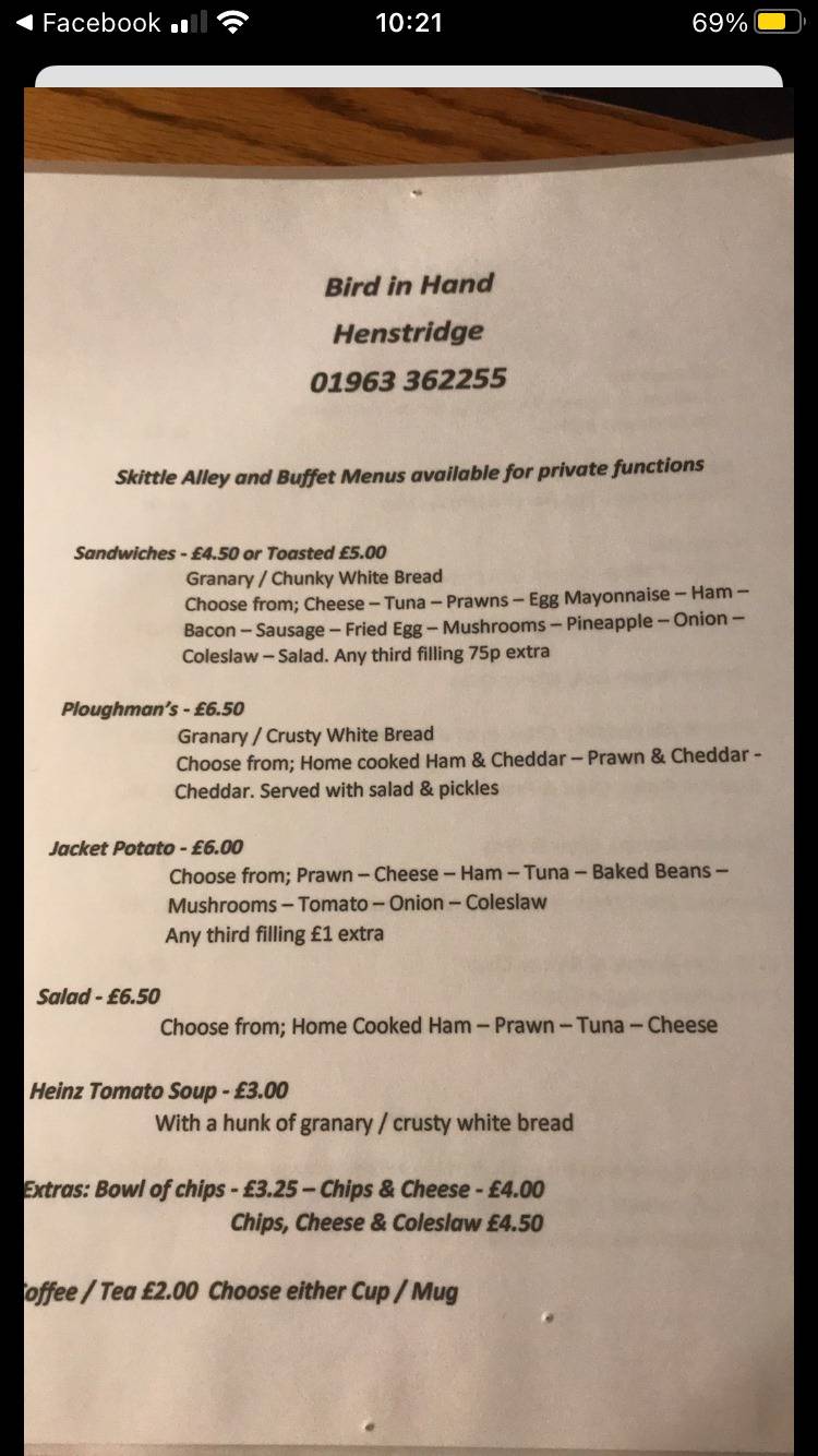 Menu at Bird In Hand pub & bar, Templecombe