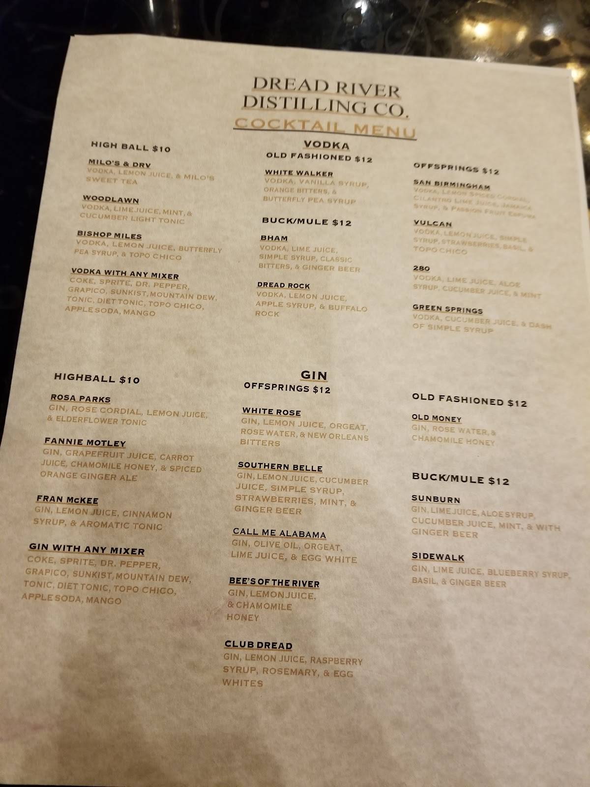 Menu at Dread River Distilling Company pub & bar, Birmingham