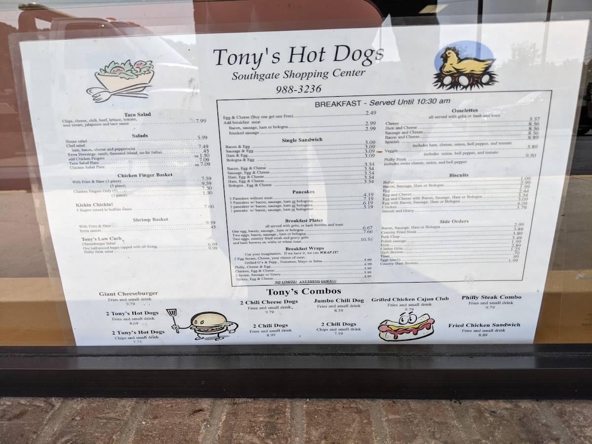 Menu at Tony's Hot Dogs restaurant, Birmingham