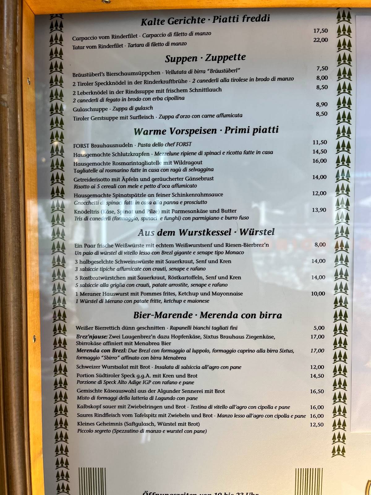Menu da Bräustüberl Forst ristorante, Lagundo