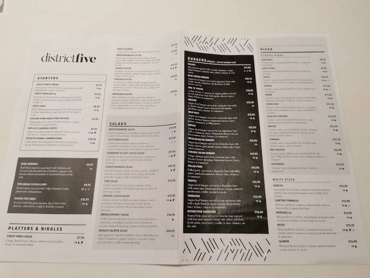 Menu at DistrictFive restaurant, Birżebbuġa