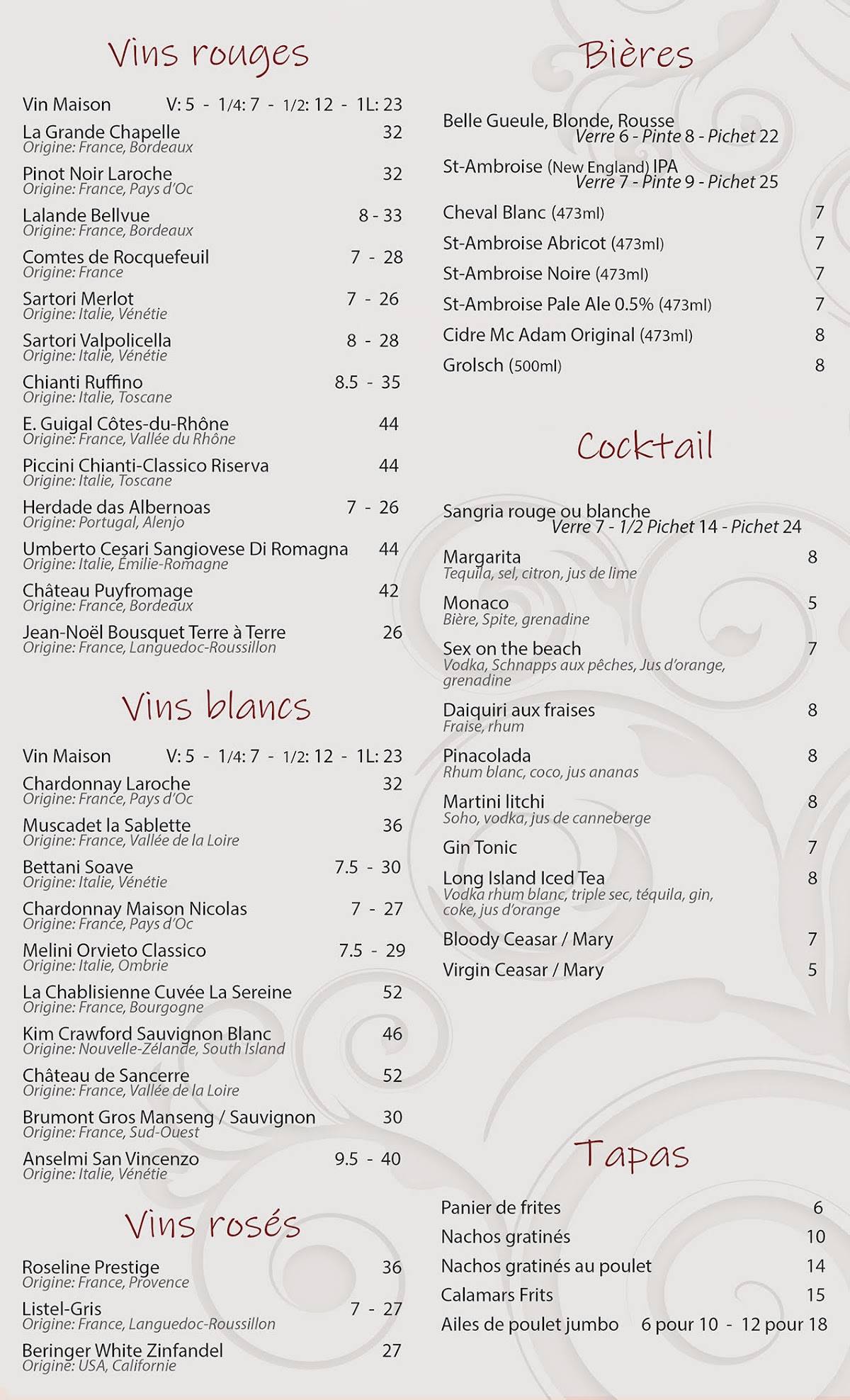 Menu at Bistro Tôt ou Tard restaurant, Montréal
