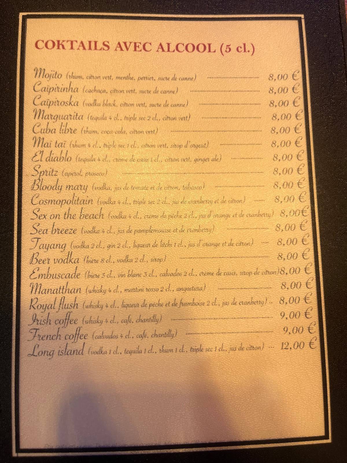 Menu au Chez Pierrot restaurant, Paris