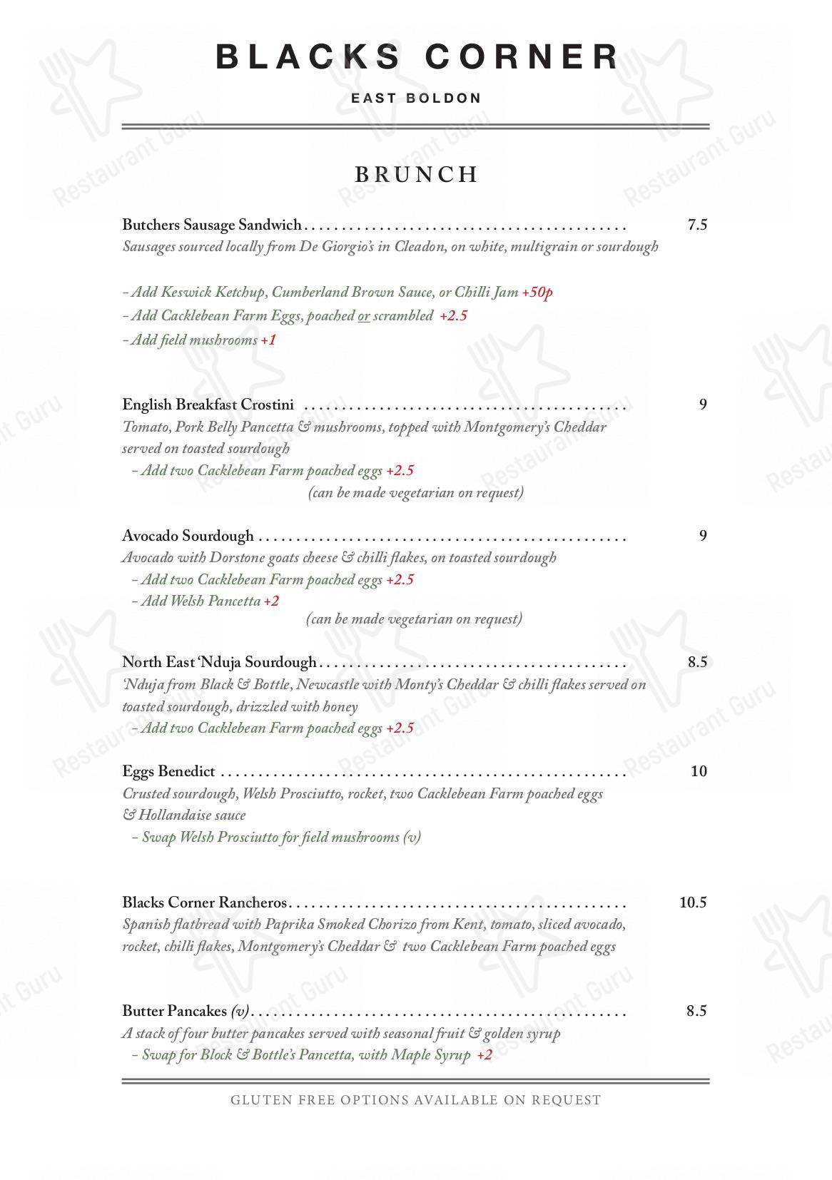 Menu at Blacks Corner restaurant, East Boldon