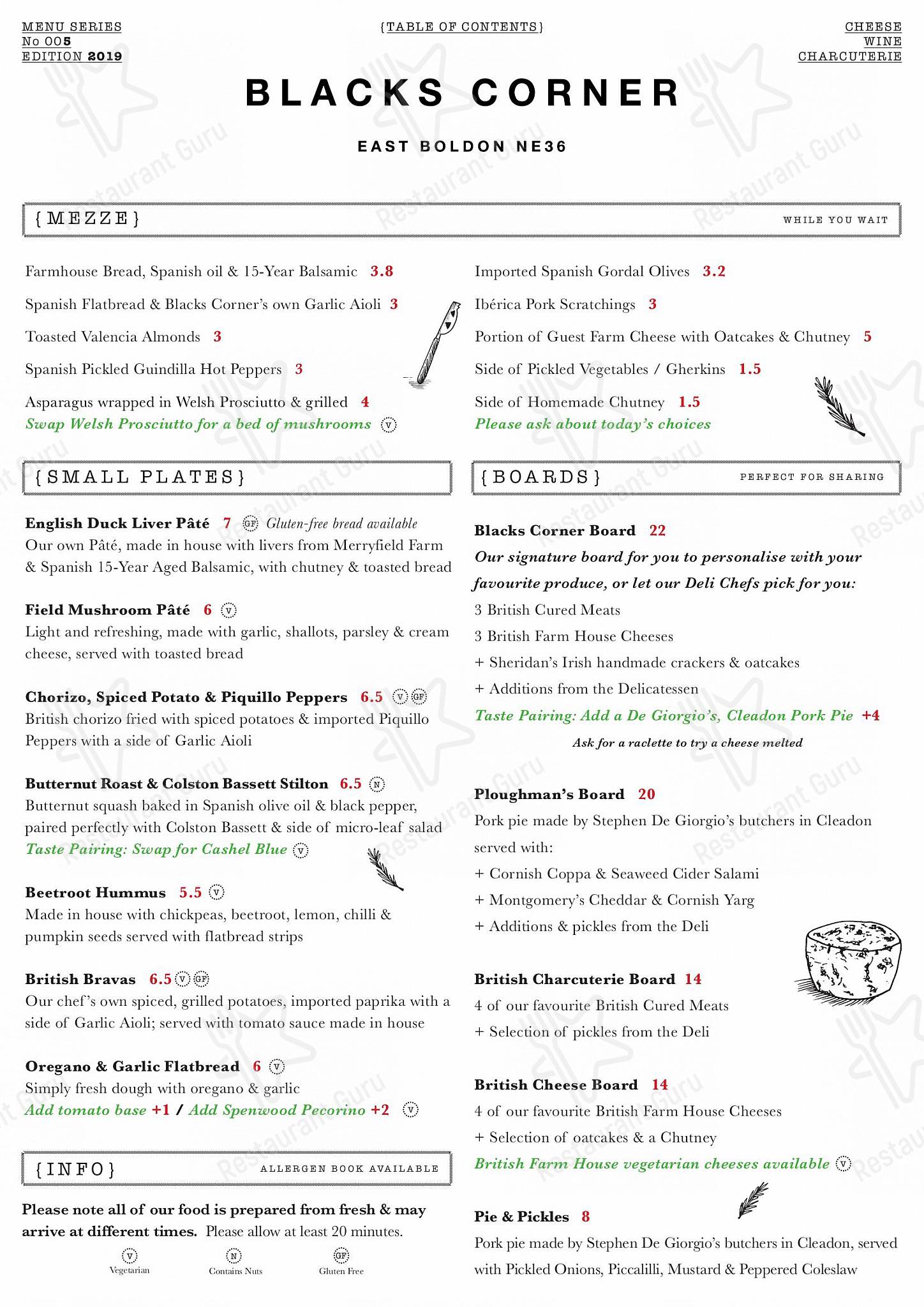 Menu at Blacks Corner restaurant, East Boldon