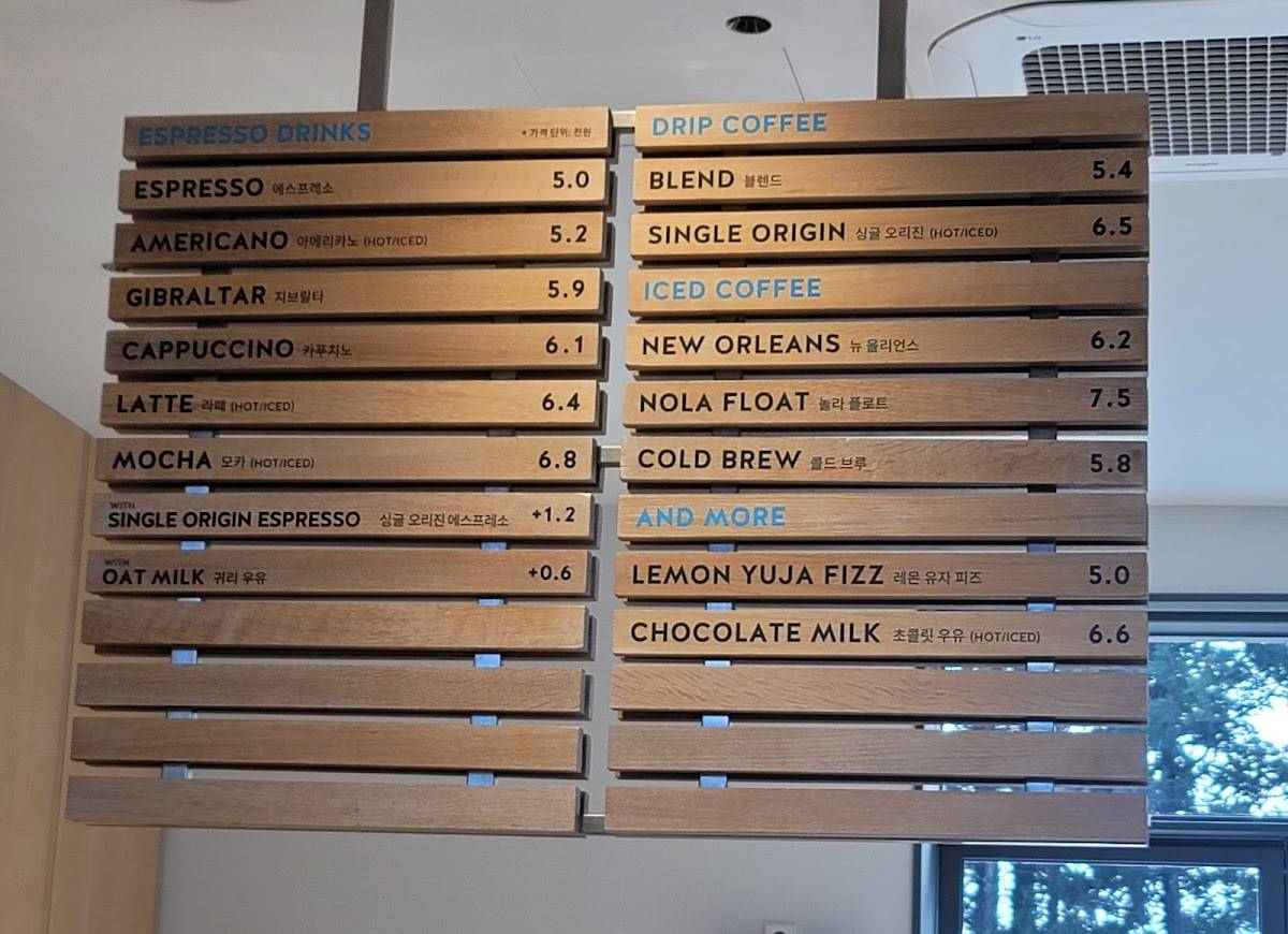 Menu at Blue Bottle Coffee Jeju Cafe, South Korea