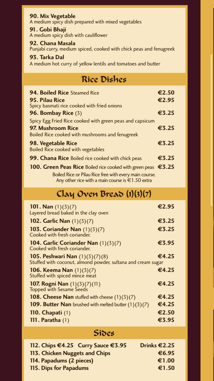 Menu at Bombay Palace restaurant, Killarney