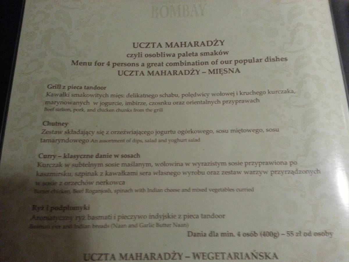 Menu at Bombay restaurant, Szczecin
