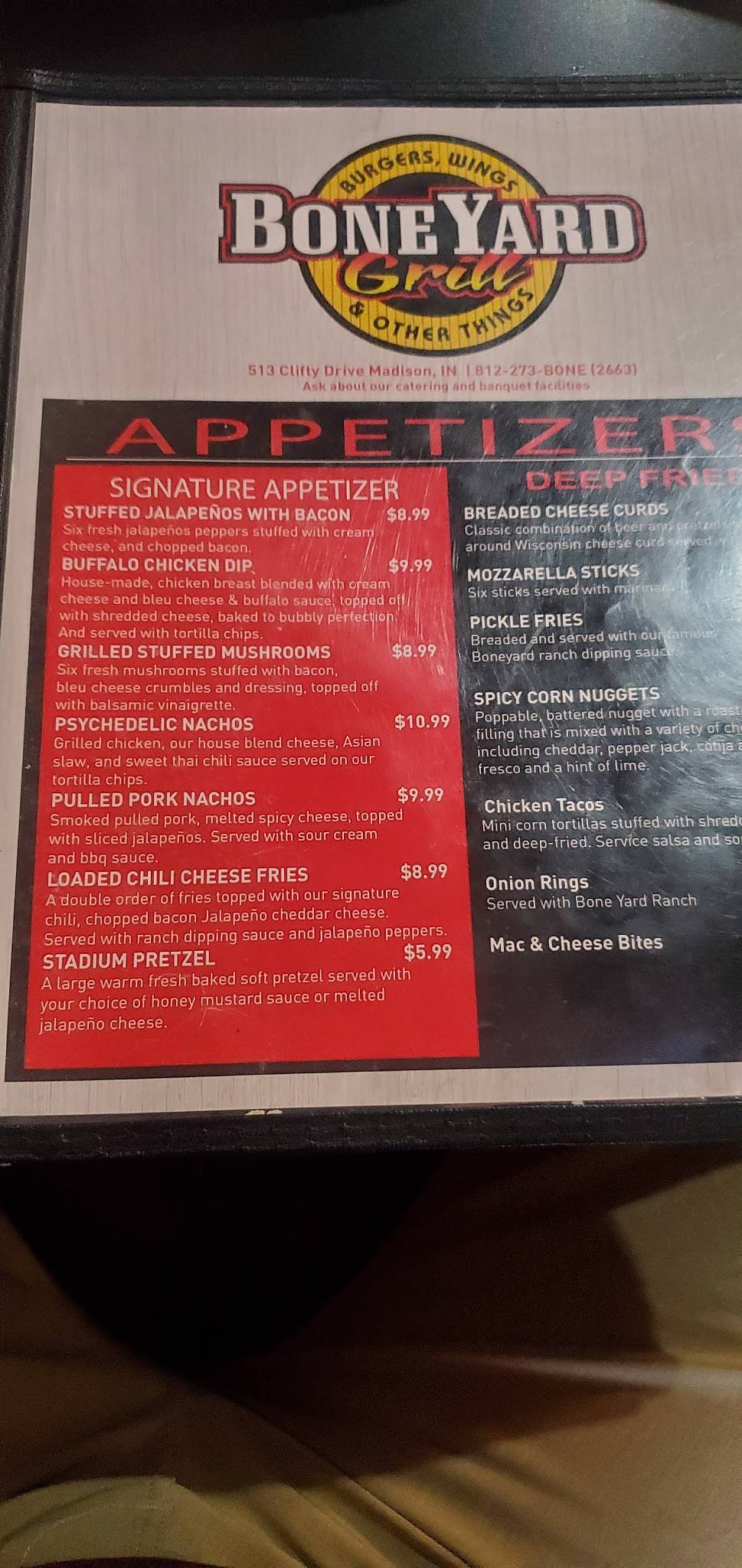 Menu at Boneyard Grill pub & bar, Madison