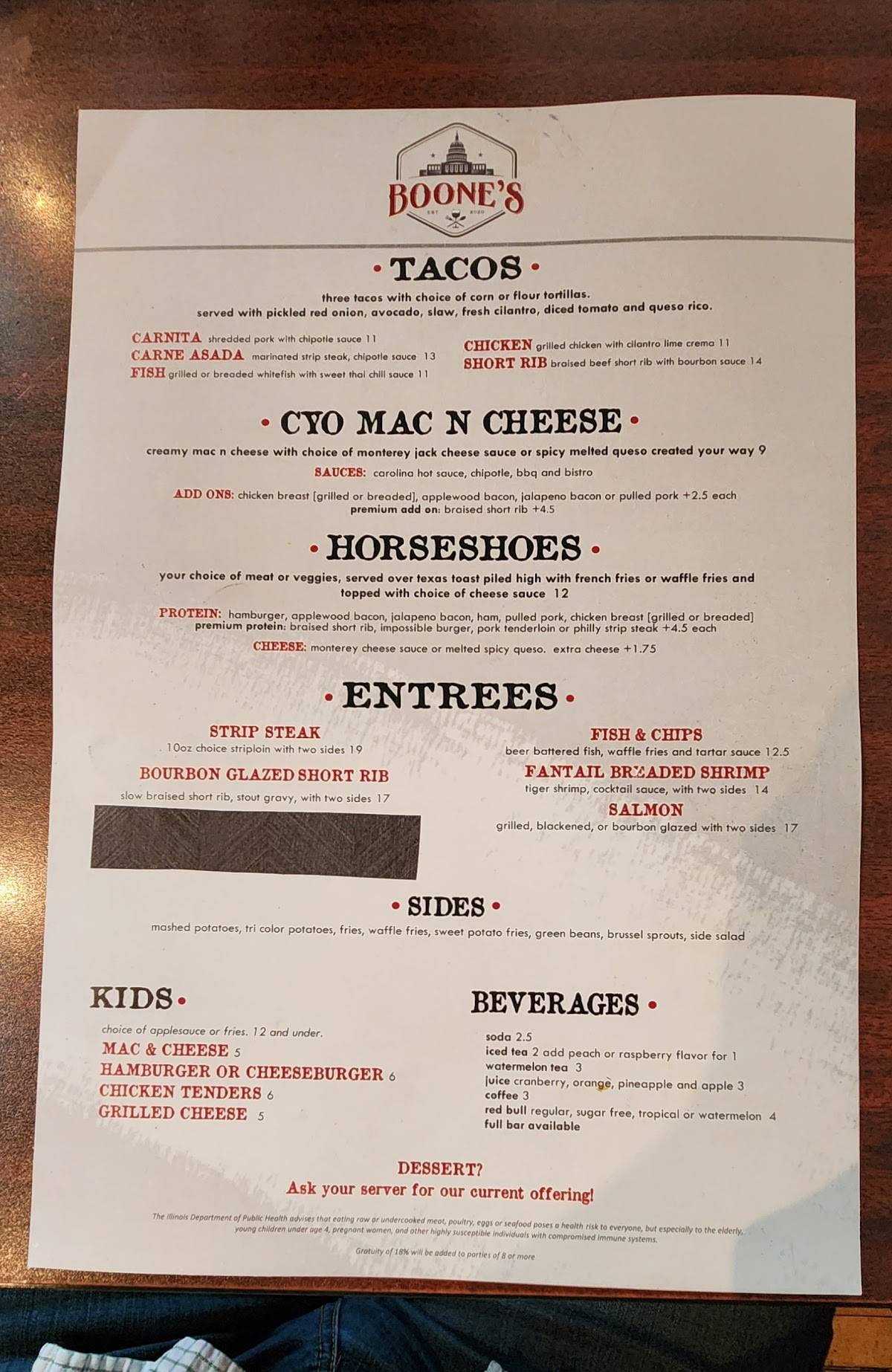 Menu at Boone's pub & bar, Springfield