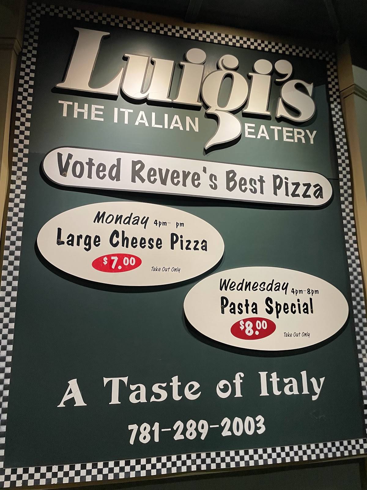 Menu at Luigi's pizzeria, Revere