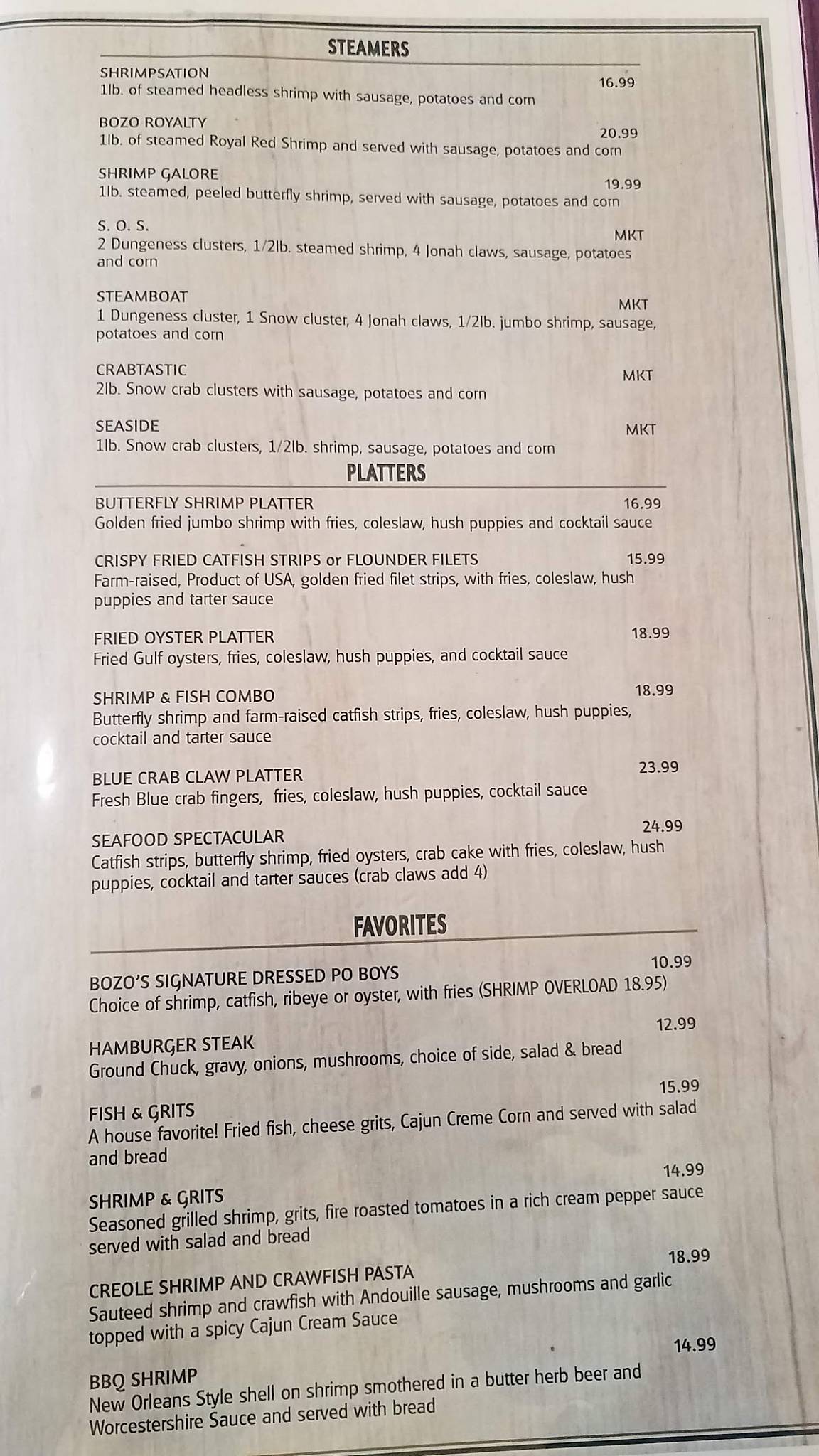 Menu at Bozo's Seafood Market restaurant, Pascagoula