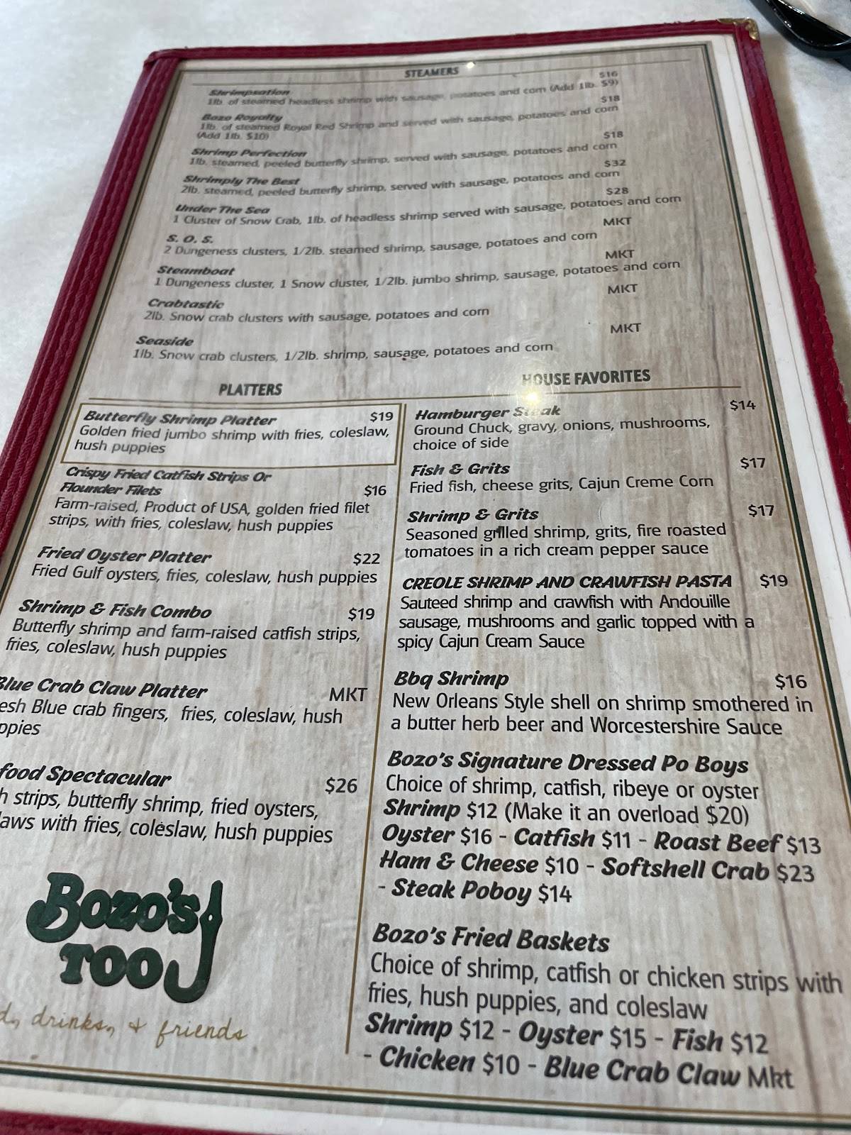 Menu at Bozo's Seafood Market restaurant, Pascagoula