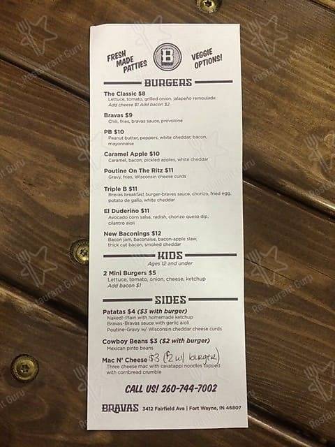 Menu at Bravas restaurant, Fort Wayne, Fairfield Ave
