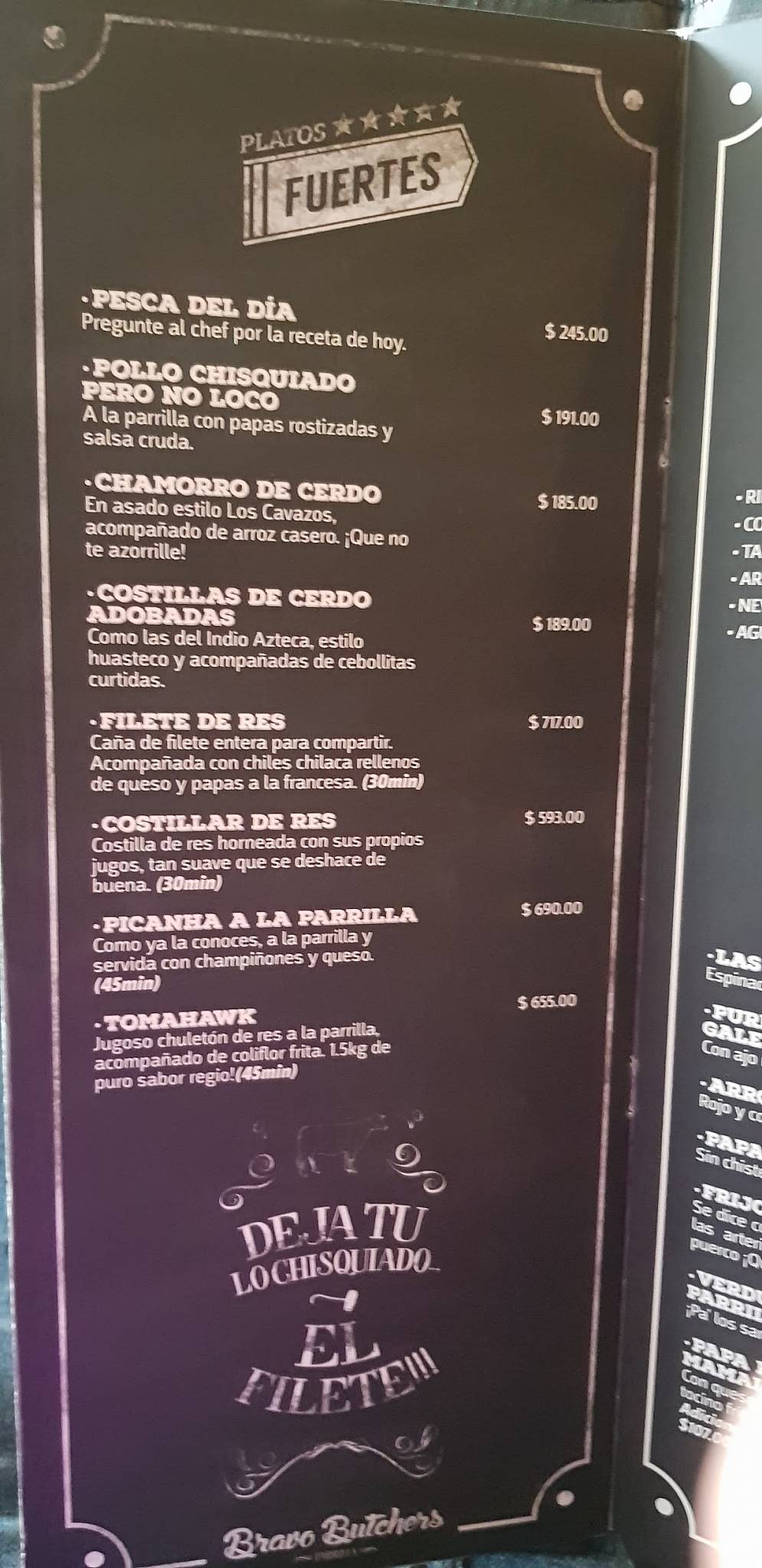 Carta de parrilla Bravo Butchers, Villahermosa