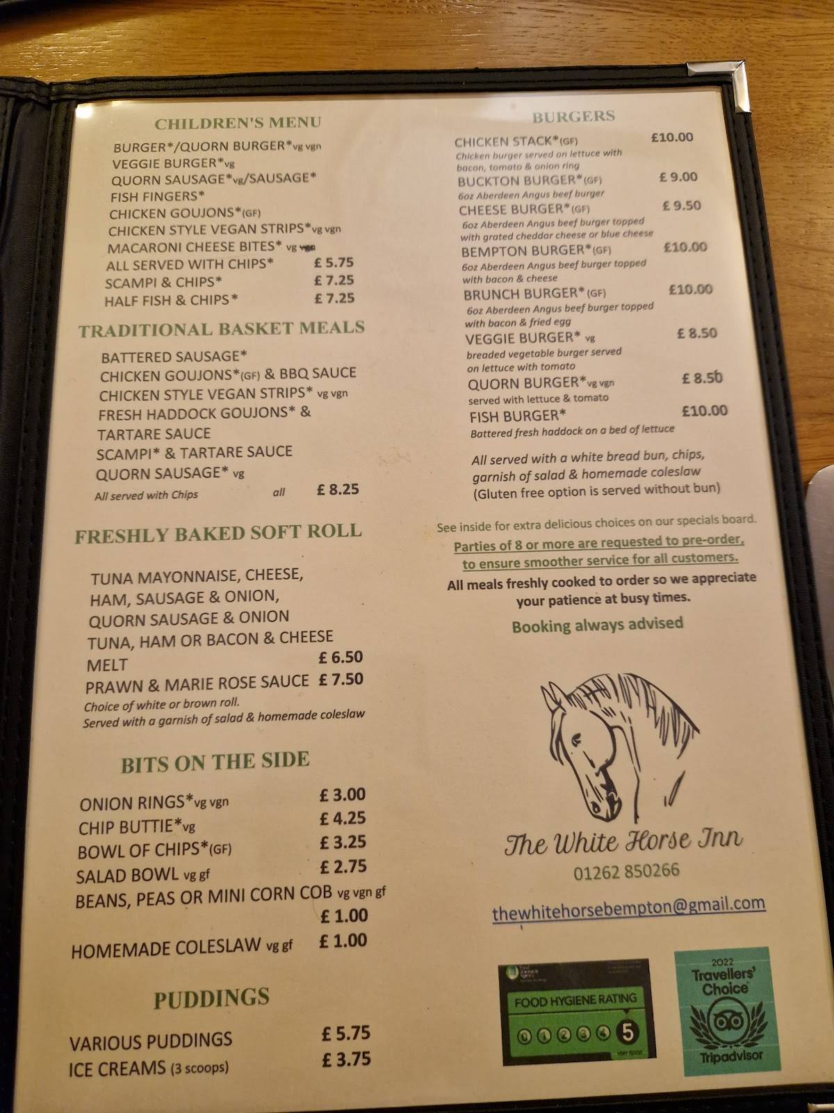 Menu at The White Horse Inn pub & bar, Bempton, 30 High St