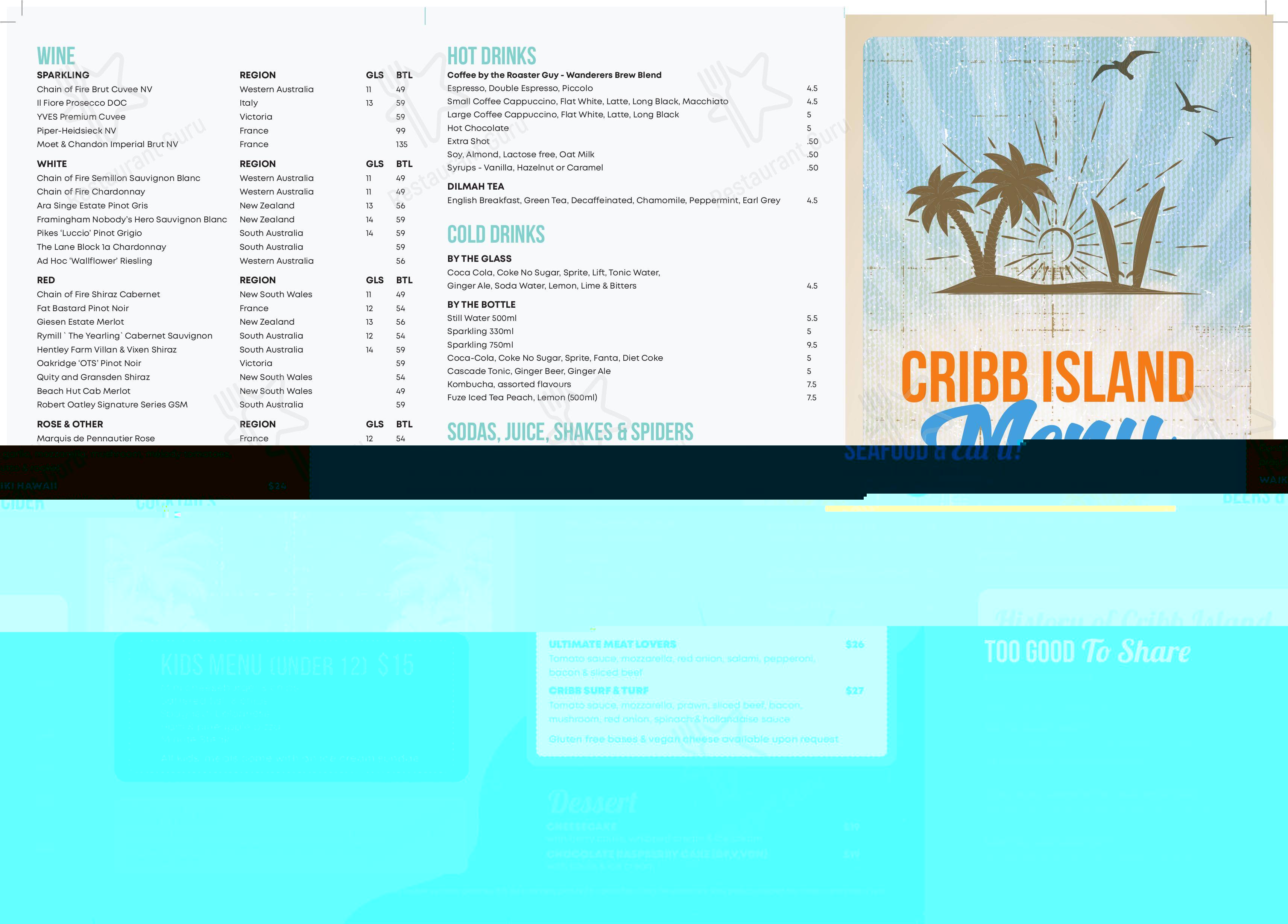 Menu at Cribb Island Beach Club, Brisbane Airport
