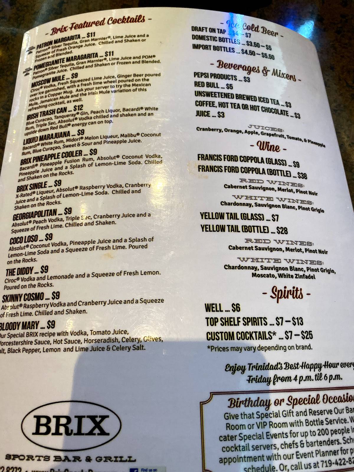 Menu at Brix Sports Bar & Grill, Trinidad