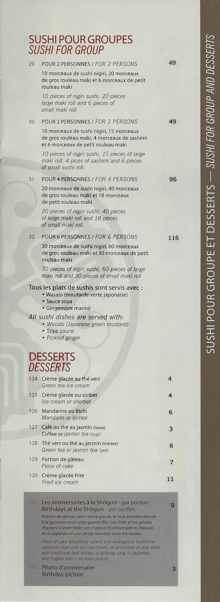 Menu au Shogun restaurant, Brossard
