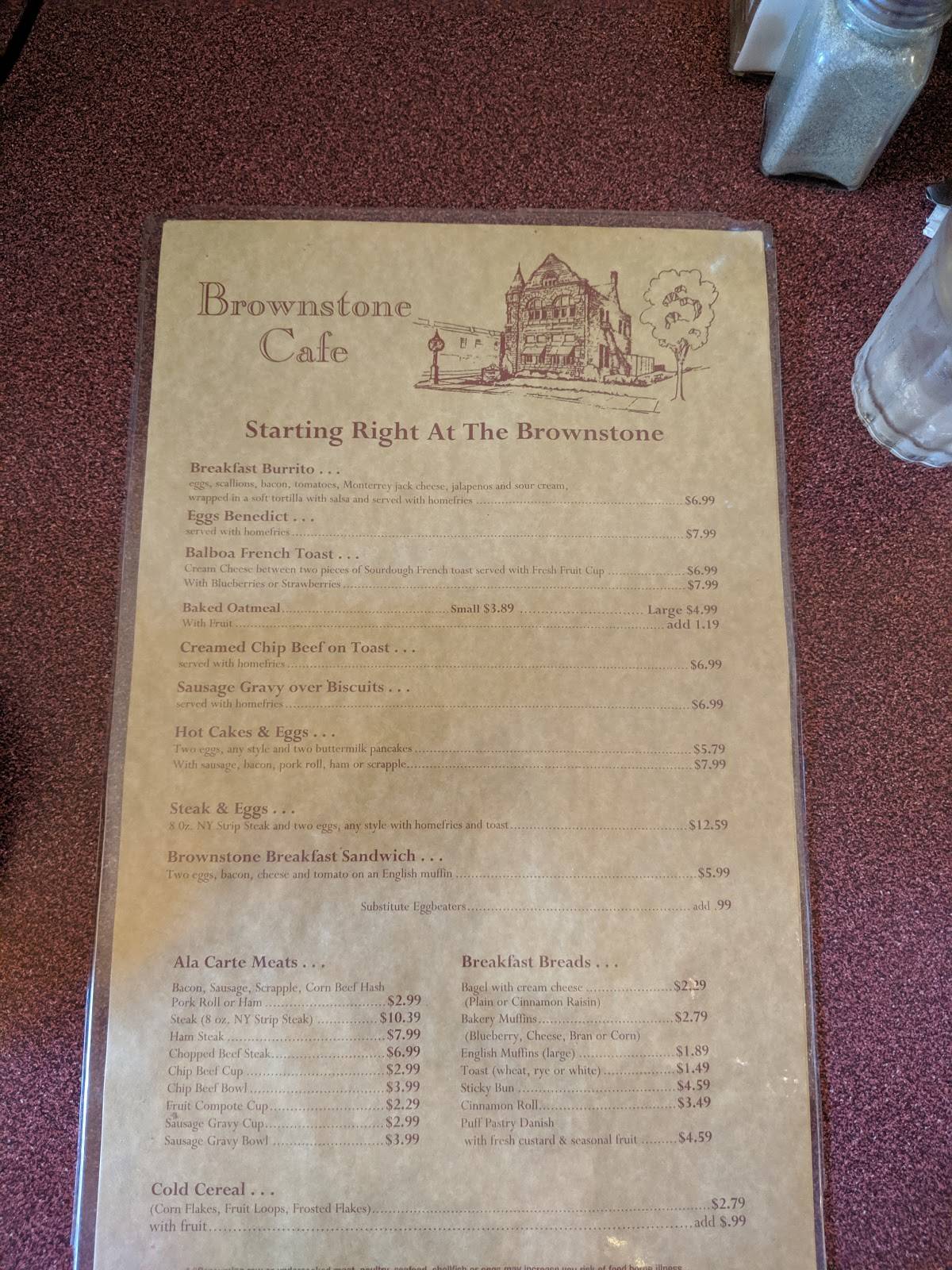 Menu at Brownstone Cafe, Middletown