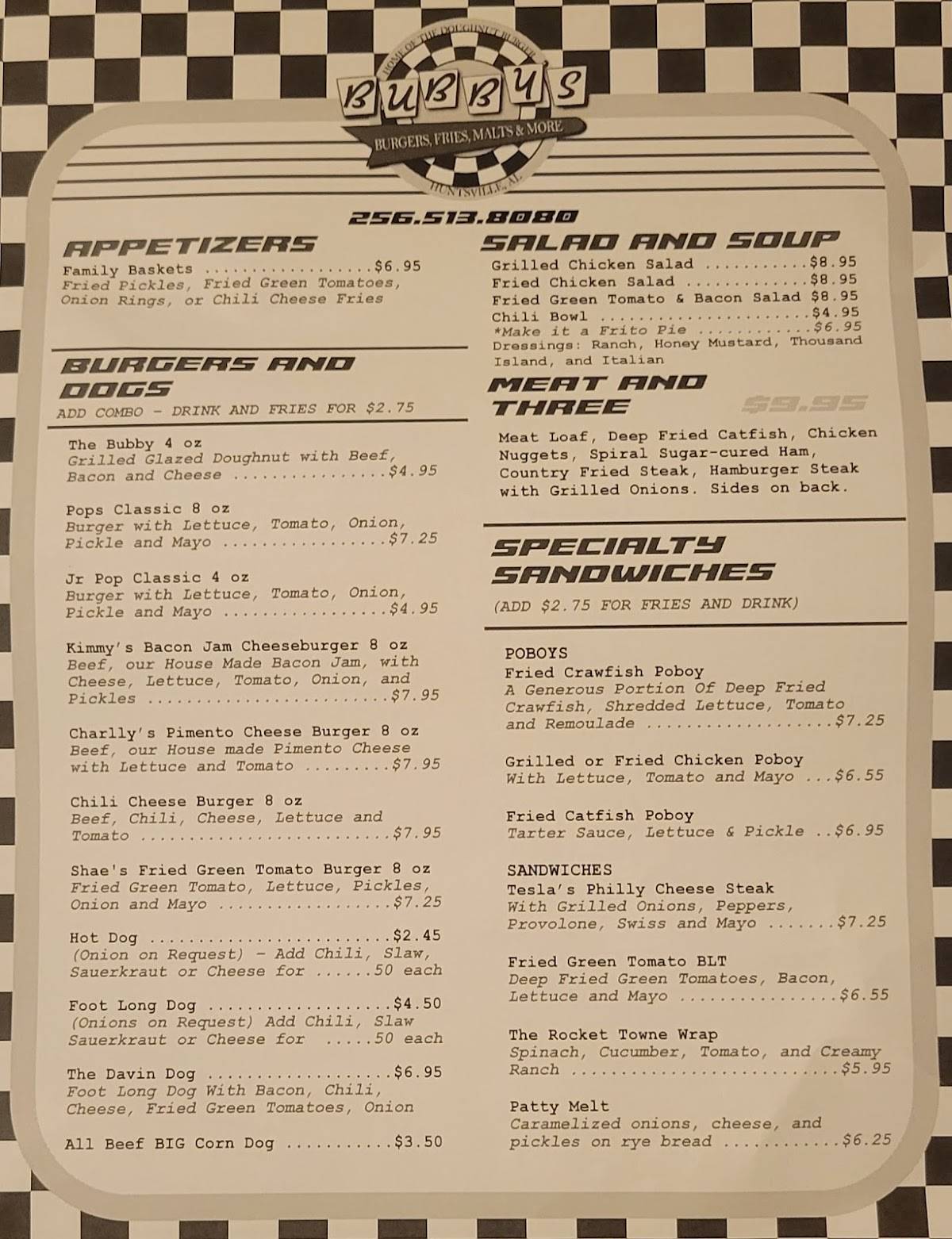 Menu at Bubby's Diner restaurant, Huntsville