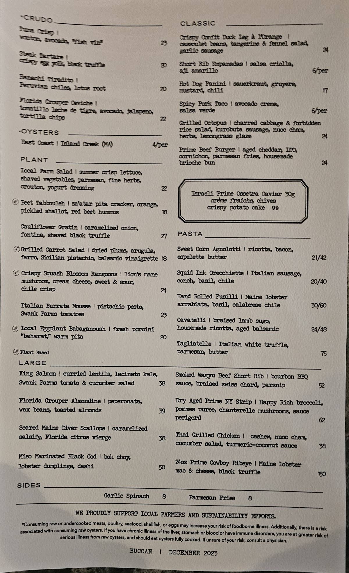 Menu at Buccan restaurant, Palm Beach
