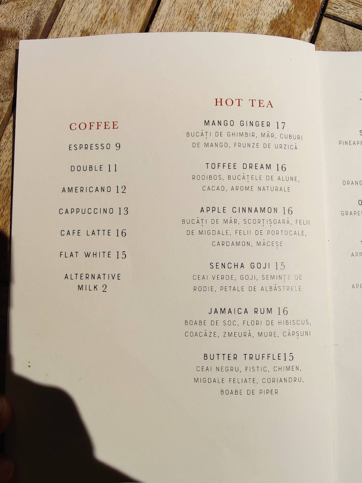 Menu at Sera Eden, Bucharest