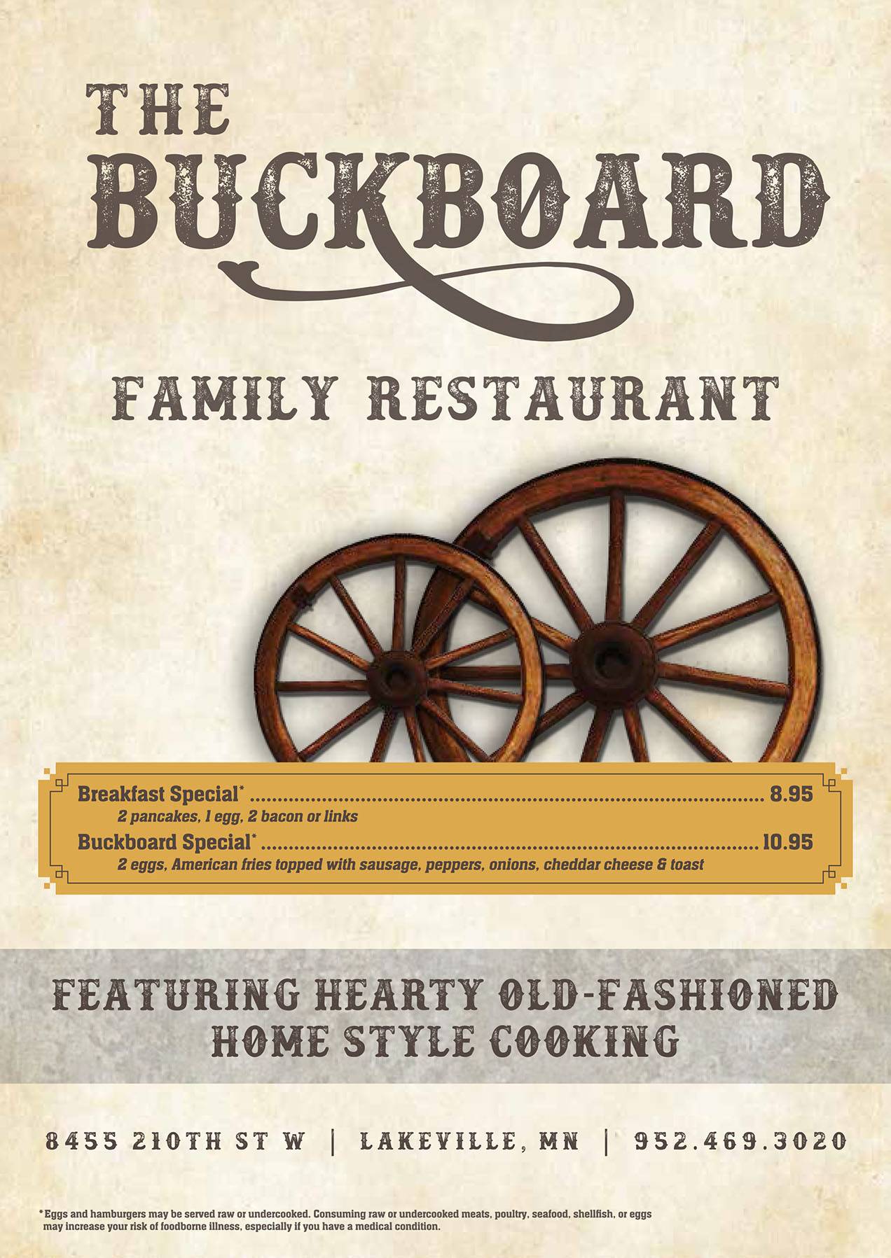 Menu at Buckboard restaurant, Lakeville