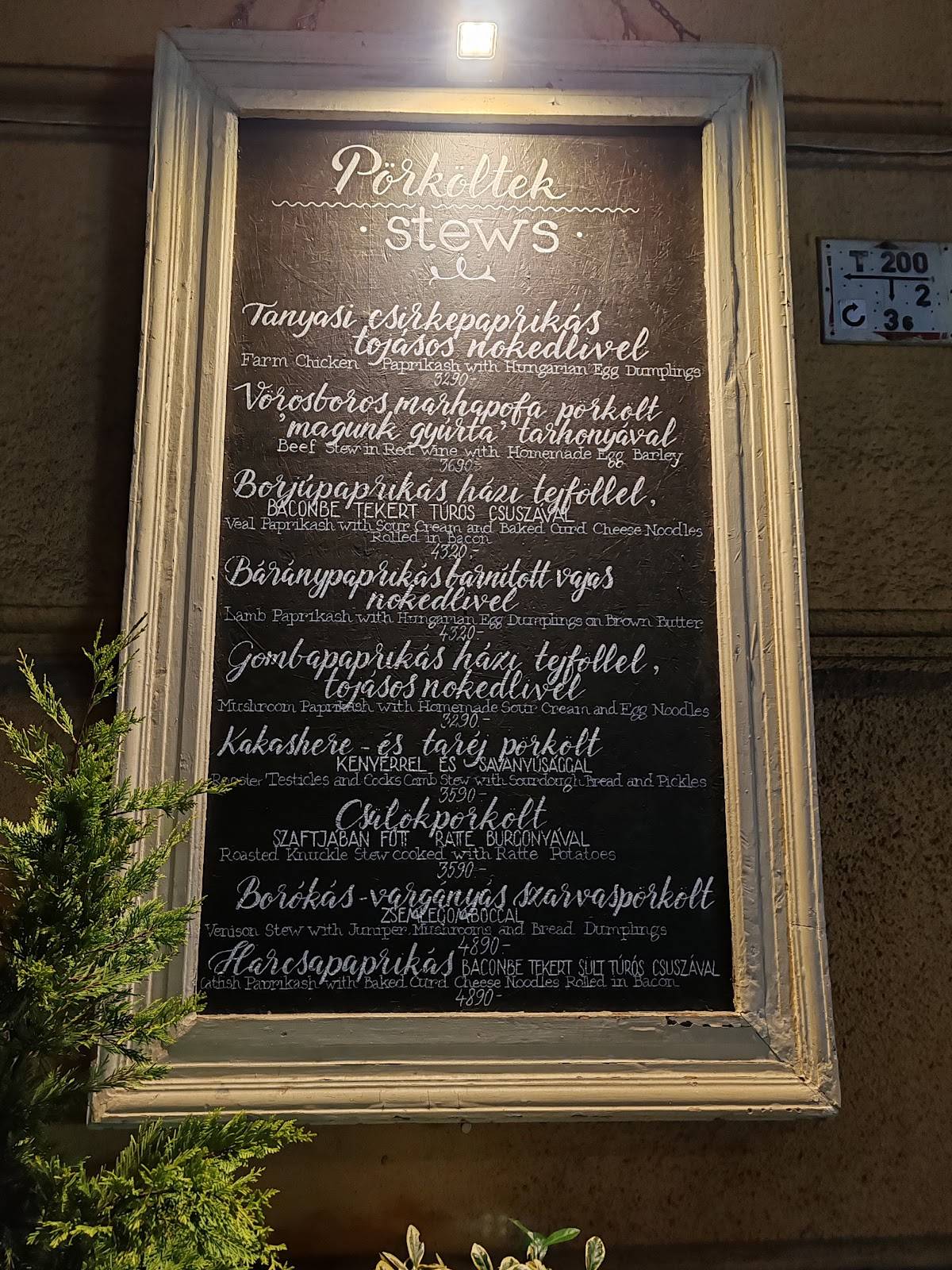 Menu at Gettó Gulyás restaurant, Budapest