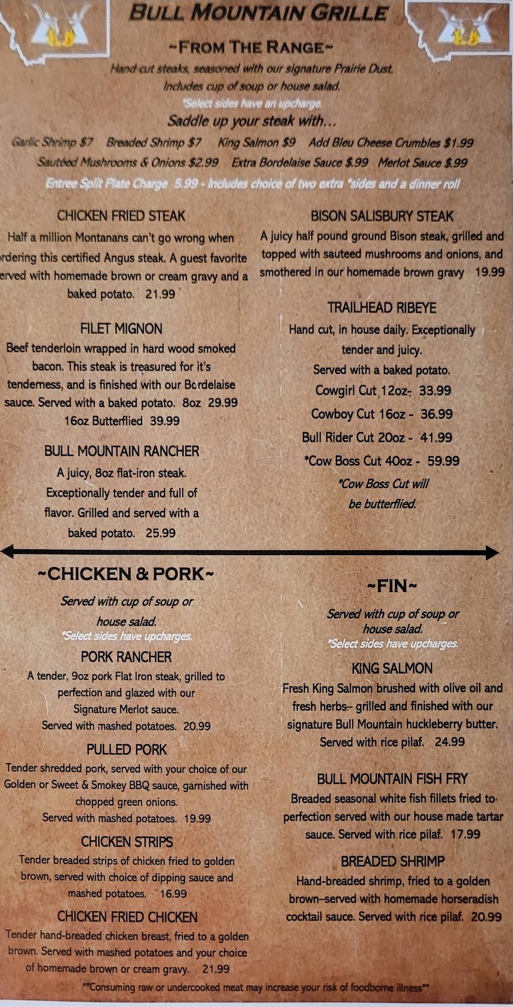 Menu at Bull Mountain Grille steakhouse, Billings
