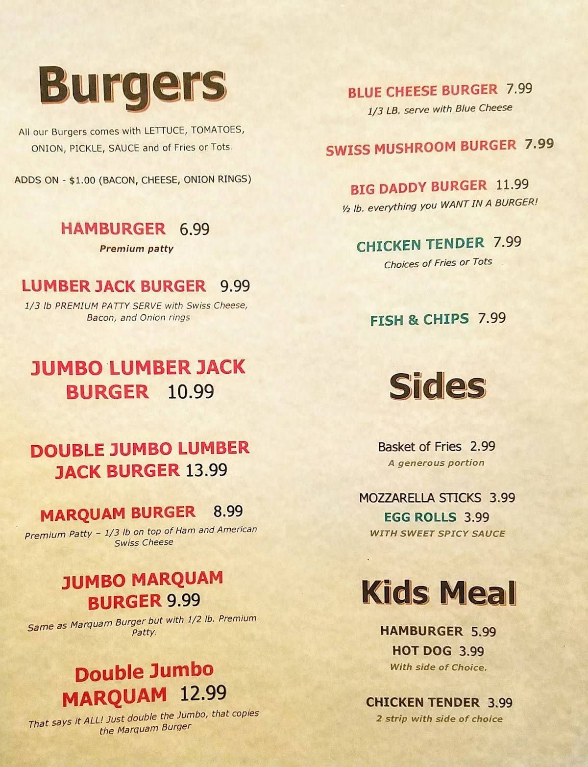 Menu at Burger Shack of Lumberjack pub & bar, Molalla, 180 Industrial Way