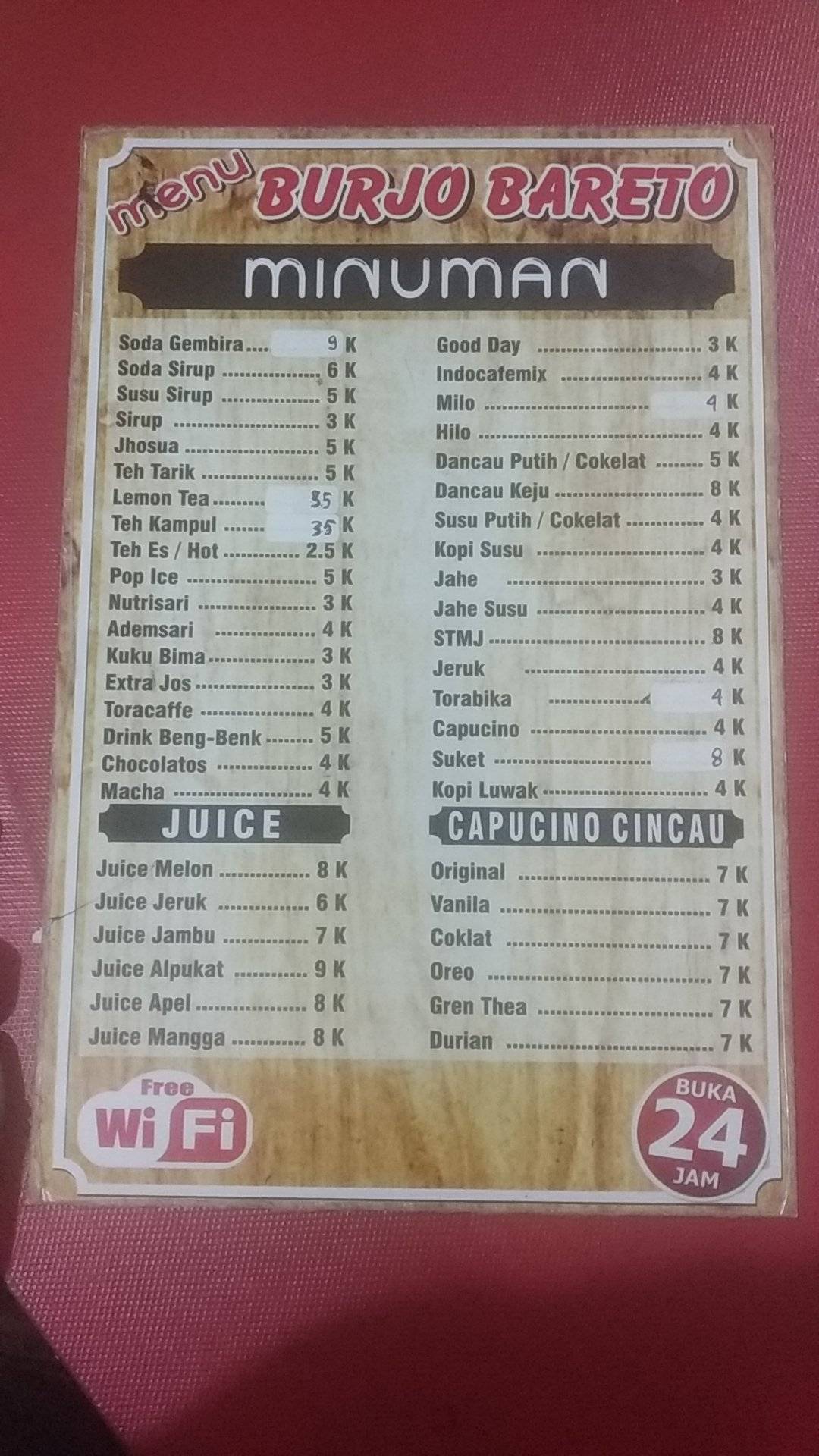Menu at Burjo Bareto, Gonilan