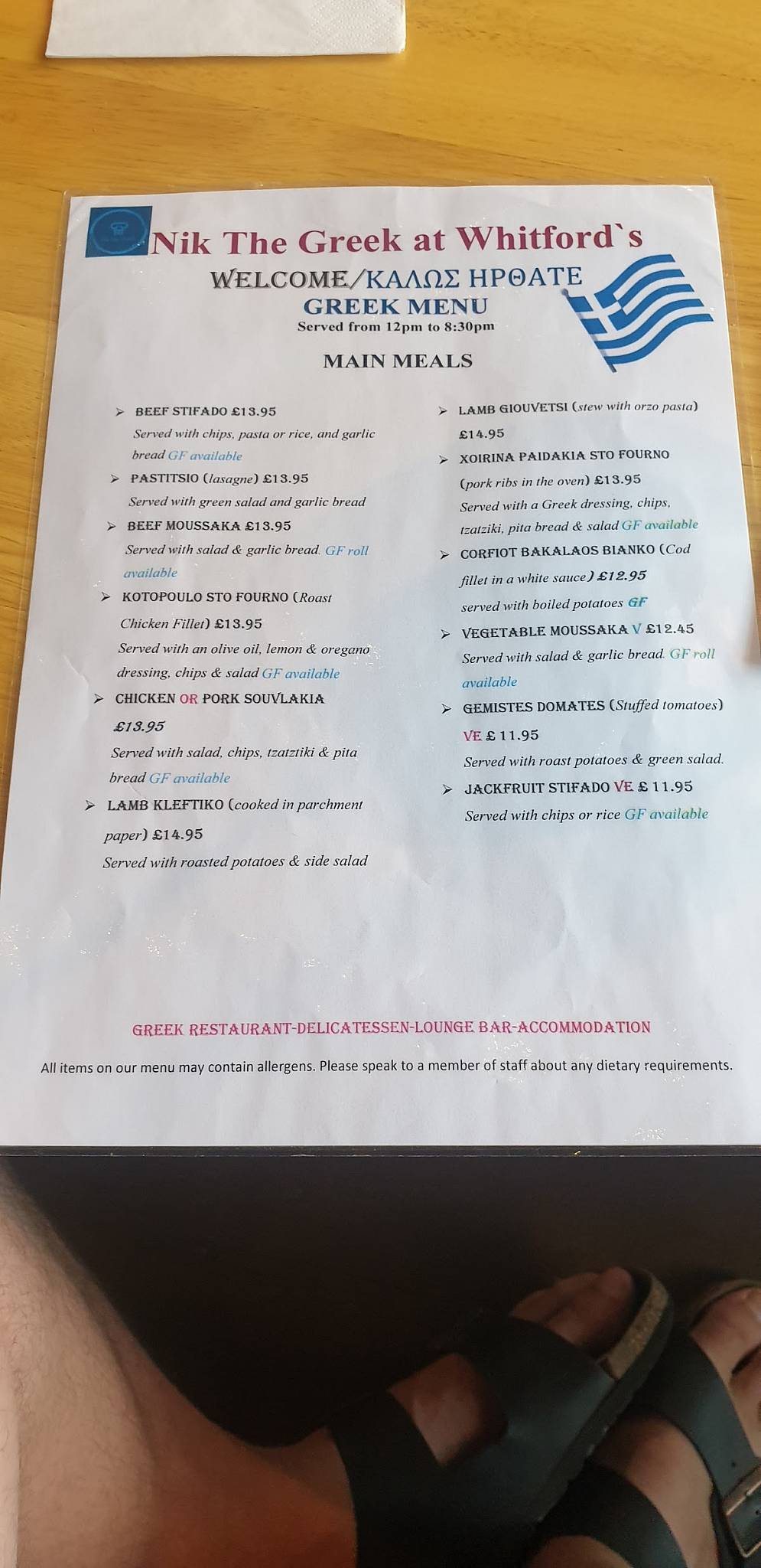 Menu at Nik The Greek restaurant, Burry Port