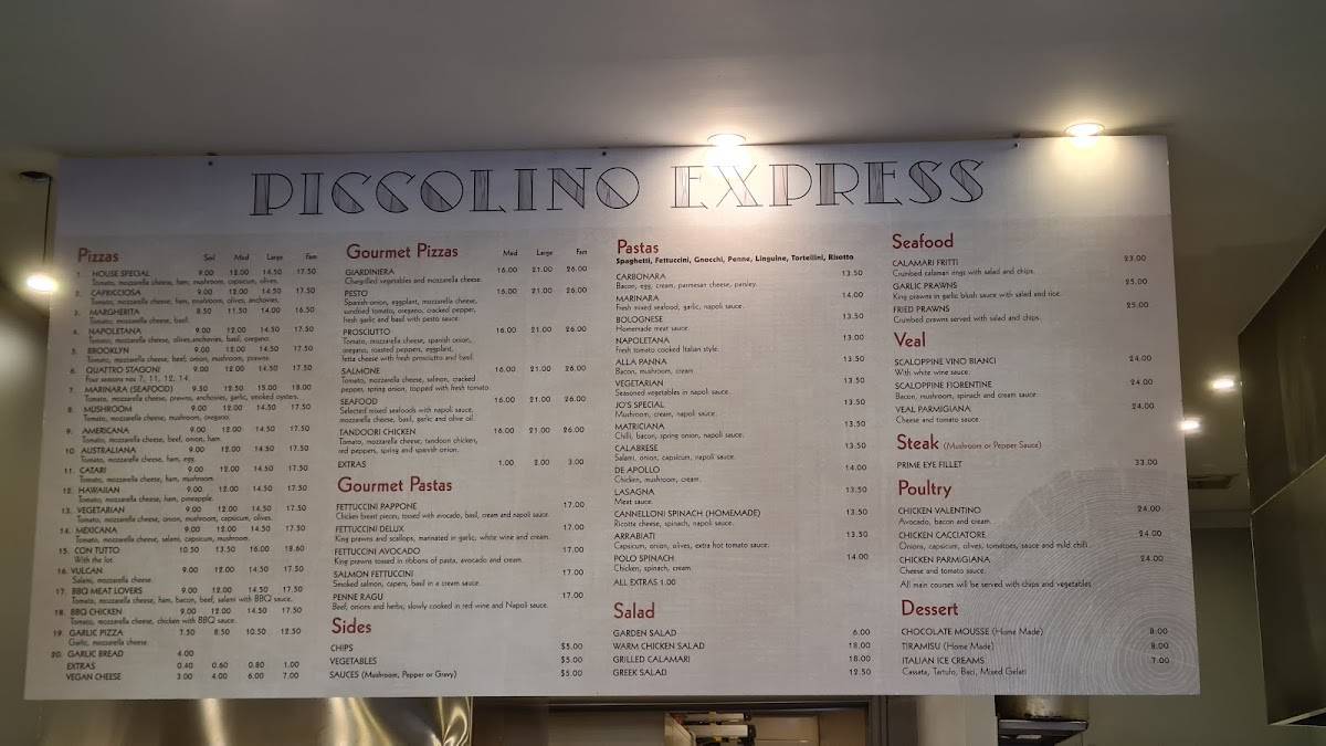 Carta de pizzería Piccolino Express (takeaway), Burwood East