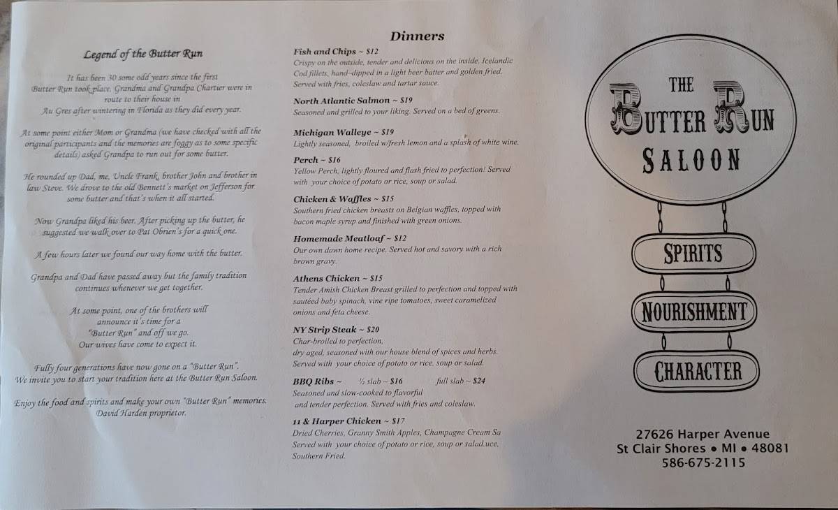 Menu at Butter Run Saloon pub & bar, Saint Clair Shores