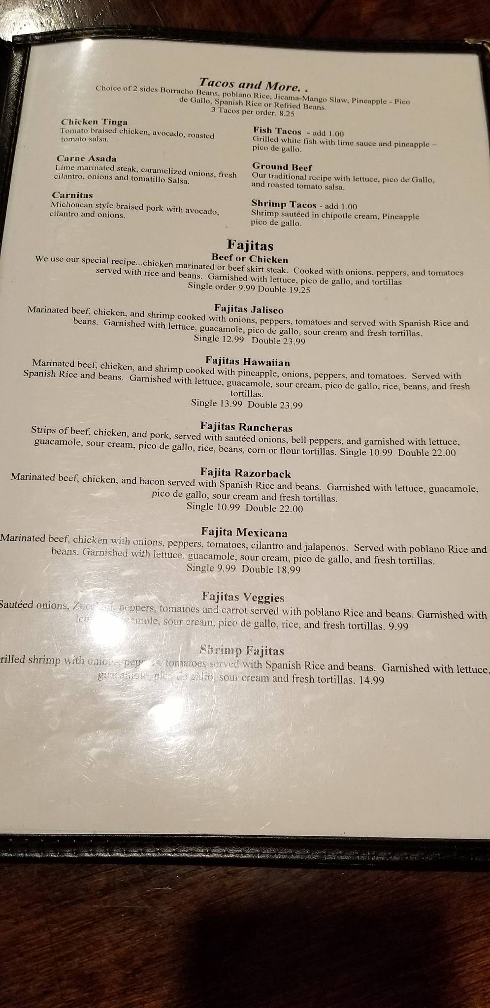 Menu at Nacho's restaurant, Cabot