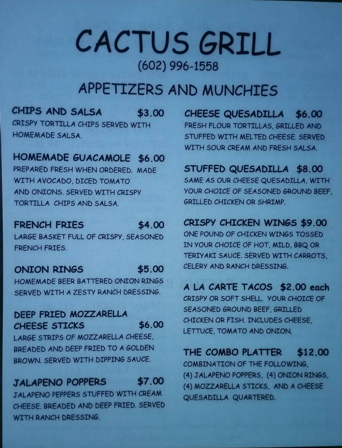 Menu at Cactus Tavern pub & bar, Phoenix