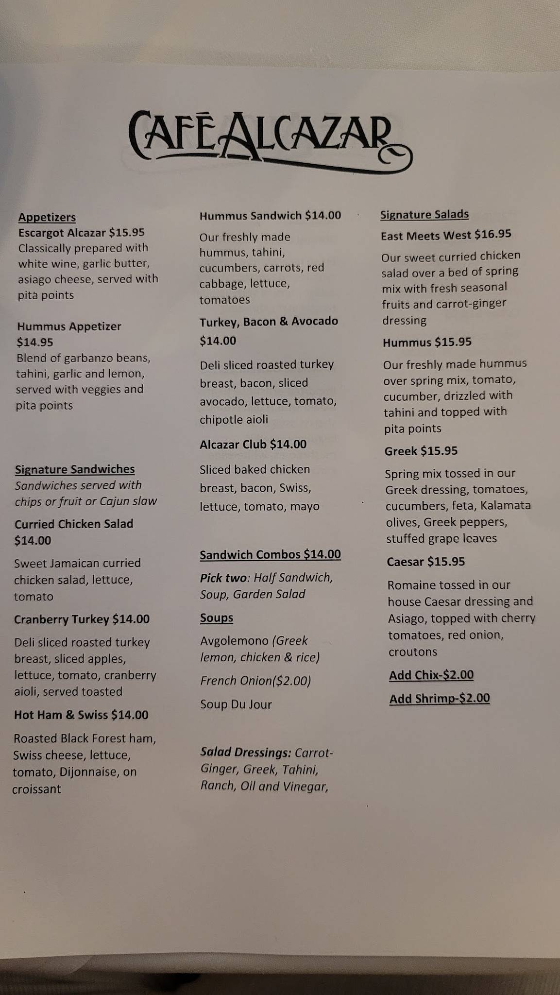 Menu at Café Alcazar cafe, St. Augustine