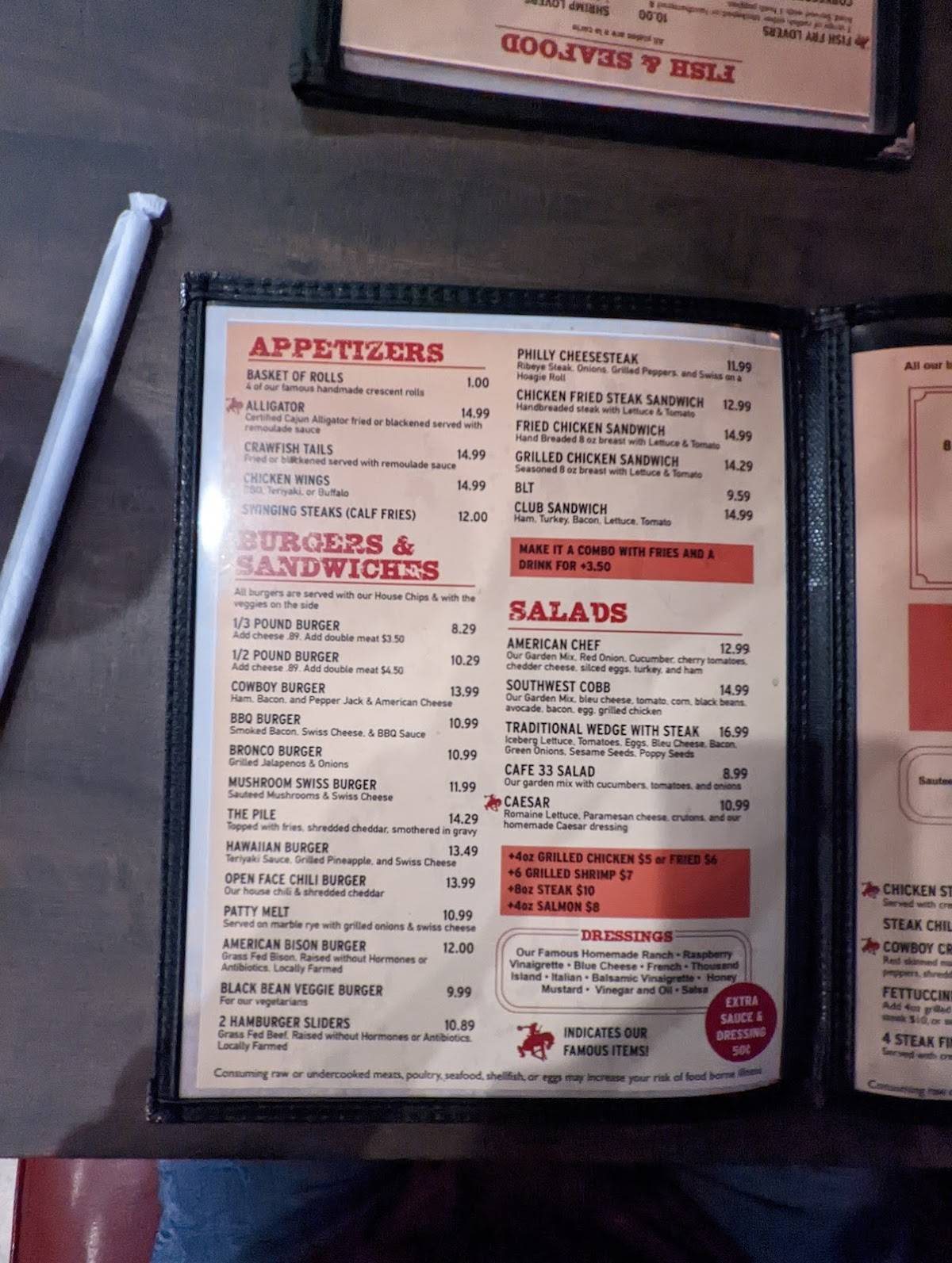 Menu at Cafe 33 Steakhouse and Whiskey Bar, Perkins