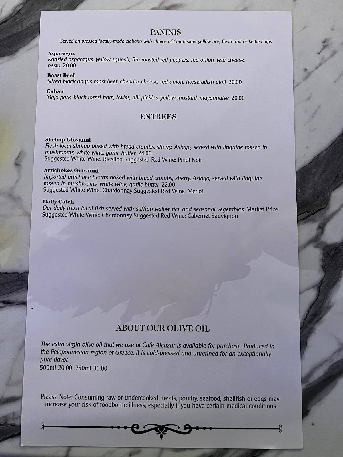 Menu at Café Alcazar cafe, St. Augustine