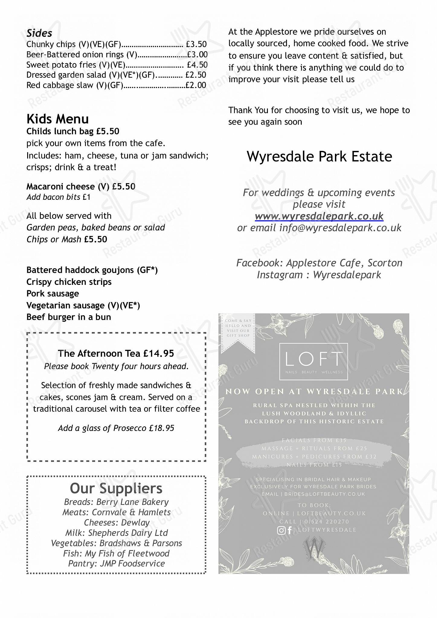 Menu at Applestore Cafe, Scorton
