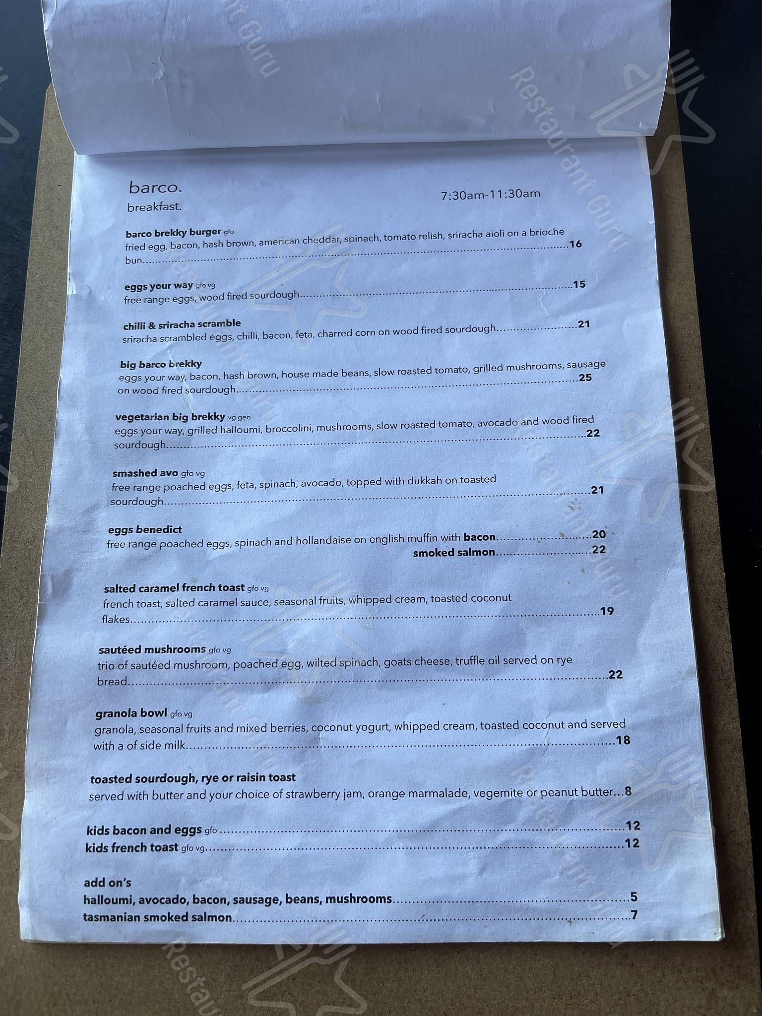 Menu at Café Barco, Safety Bay